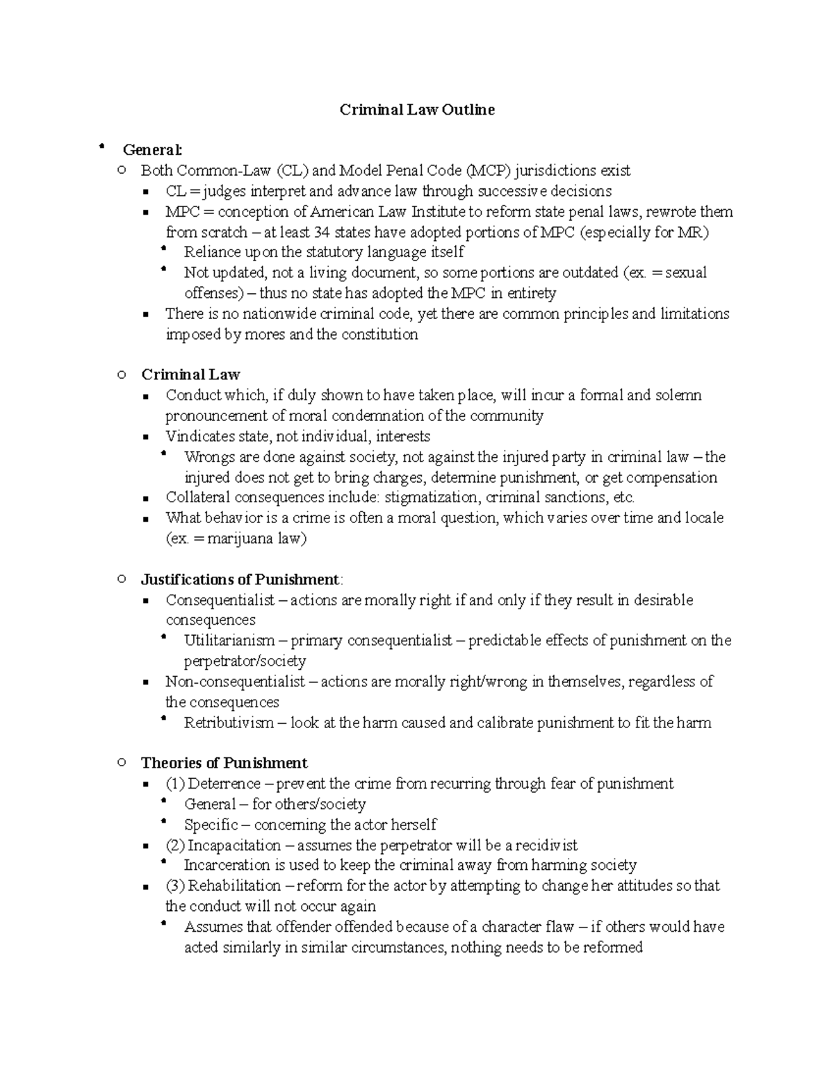 Crim Law Outline 1 Shareme - Criminal Law Outline General: o Both Common-Law (CL) and Model ...