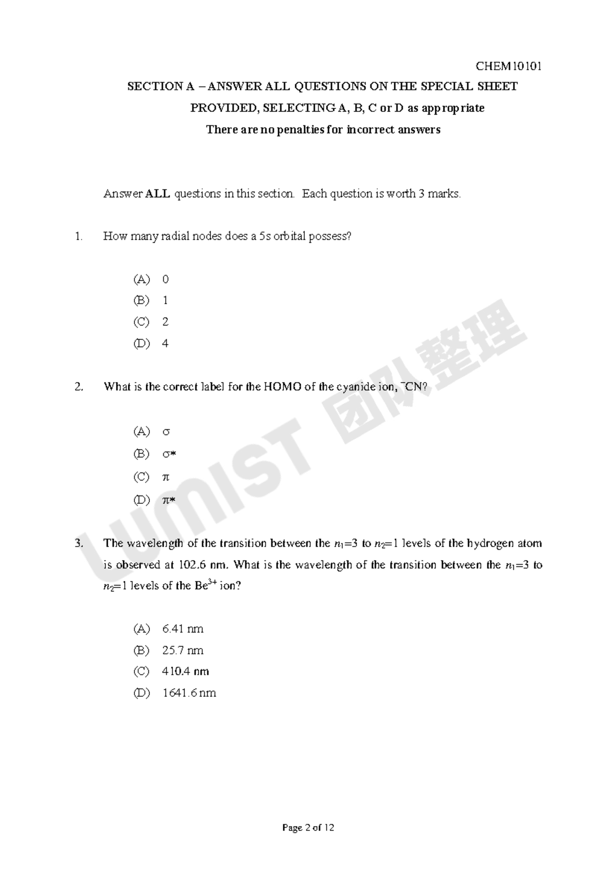 CHEM10101 past test - CHEM Page 2 of 12 SECTION A – ANSWER ALL ...
