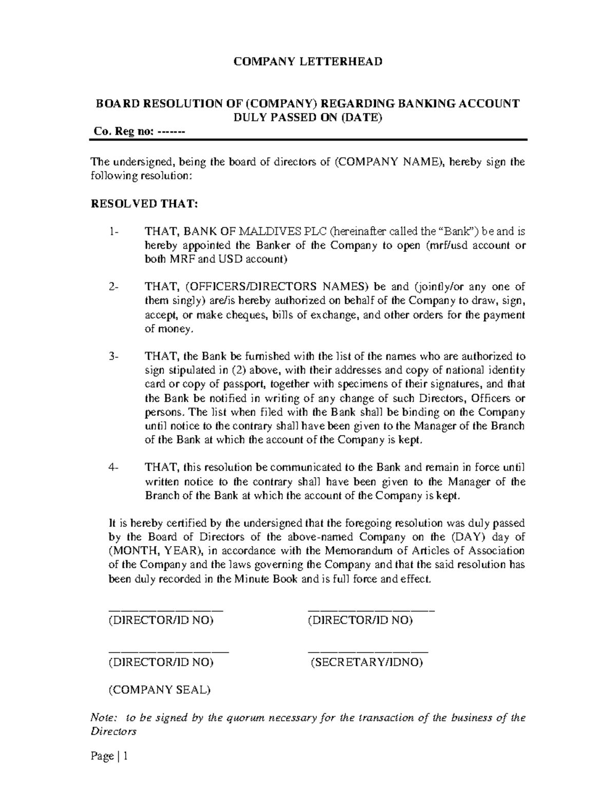 Sample board resolution opening a business account en - Page | 1 ...