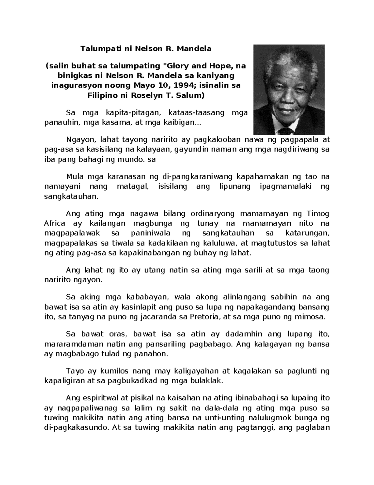Gawain WEEK13 - Talumpati - Talumpati ni Nelson R. Mandela (salin buhat ...