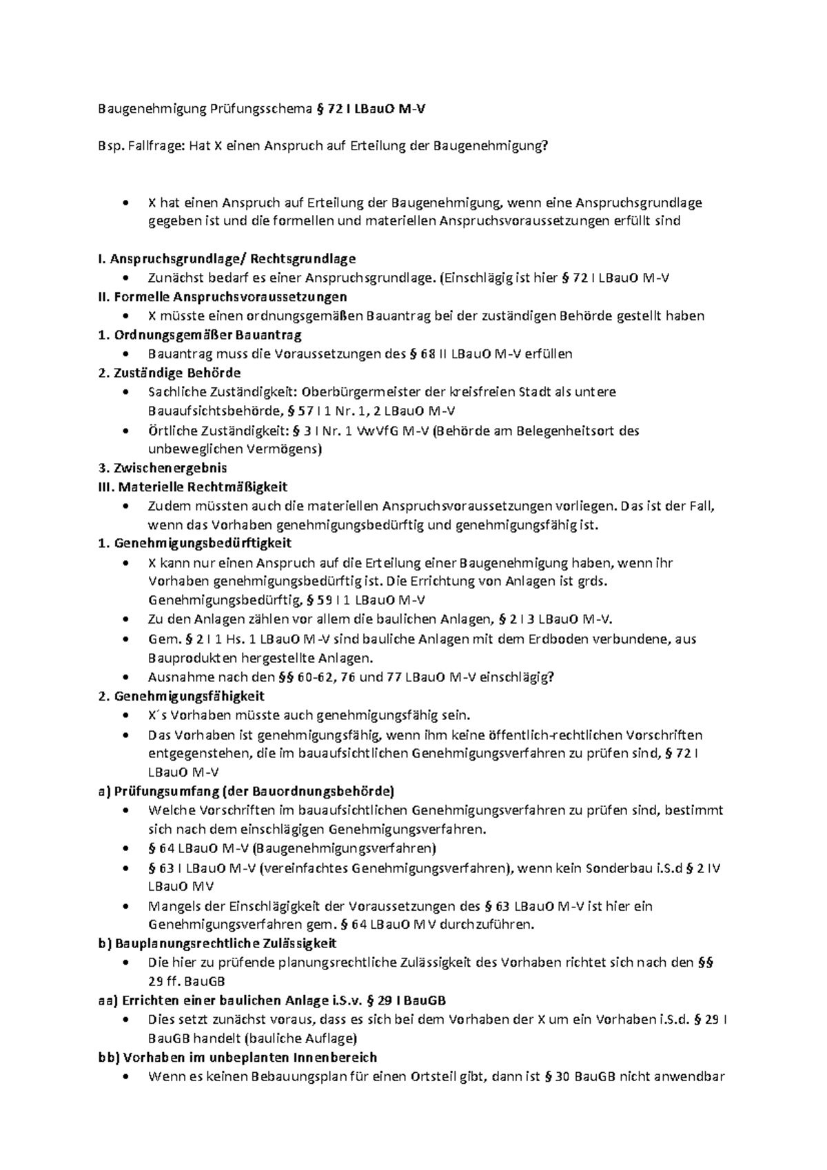 Schema Baurecht - Baugenehmigung Prüfungsschema § 72 I LBauO M-V Bsp ...