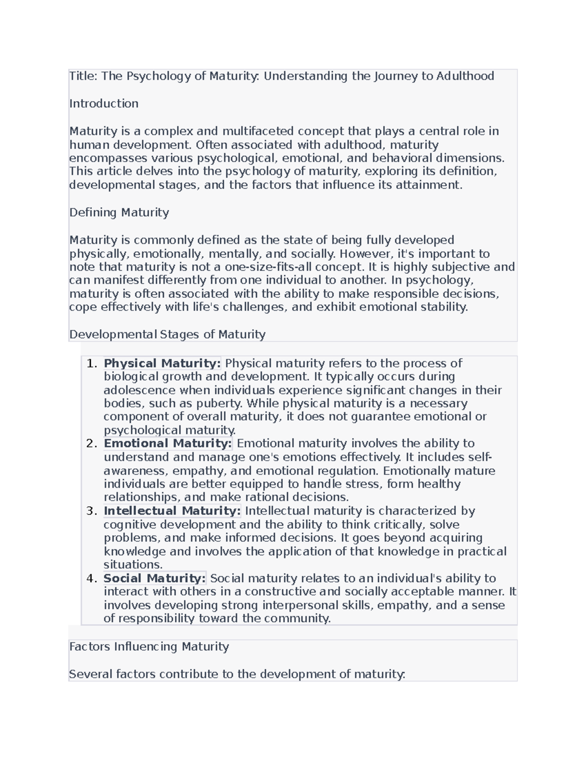 Mat - lecture notes - Title: The Psychology of Maturity: Understanding ...