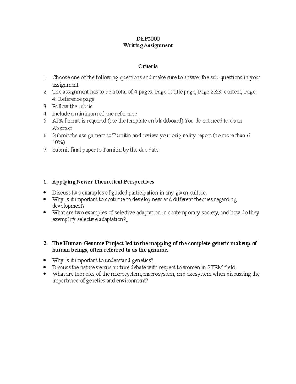 DEP2000 Writing Assignment Questions - DEP Writing Assignment Criteria ...