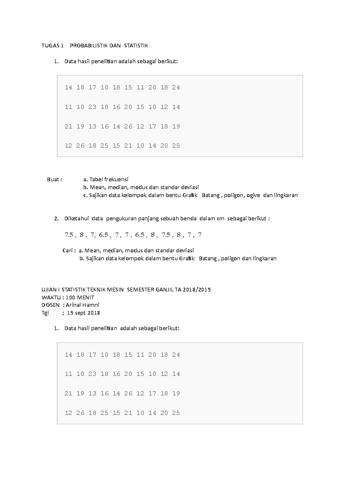 Probabilistik DAN Statistik - TUGAS 1 PROBABILISTIK DAN STATISTIK 1. Data hasil penelitian ...