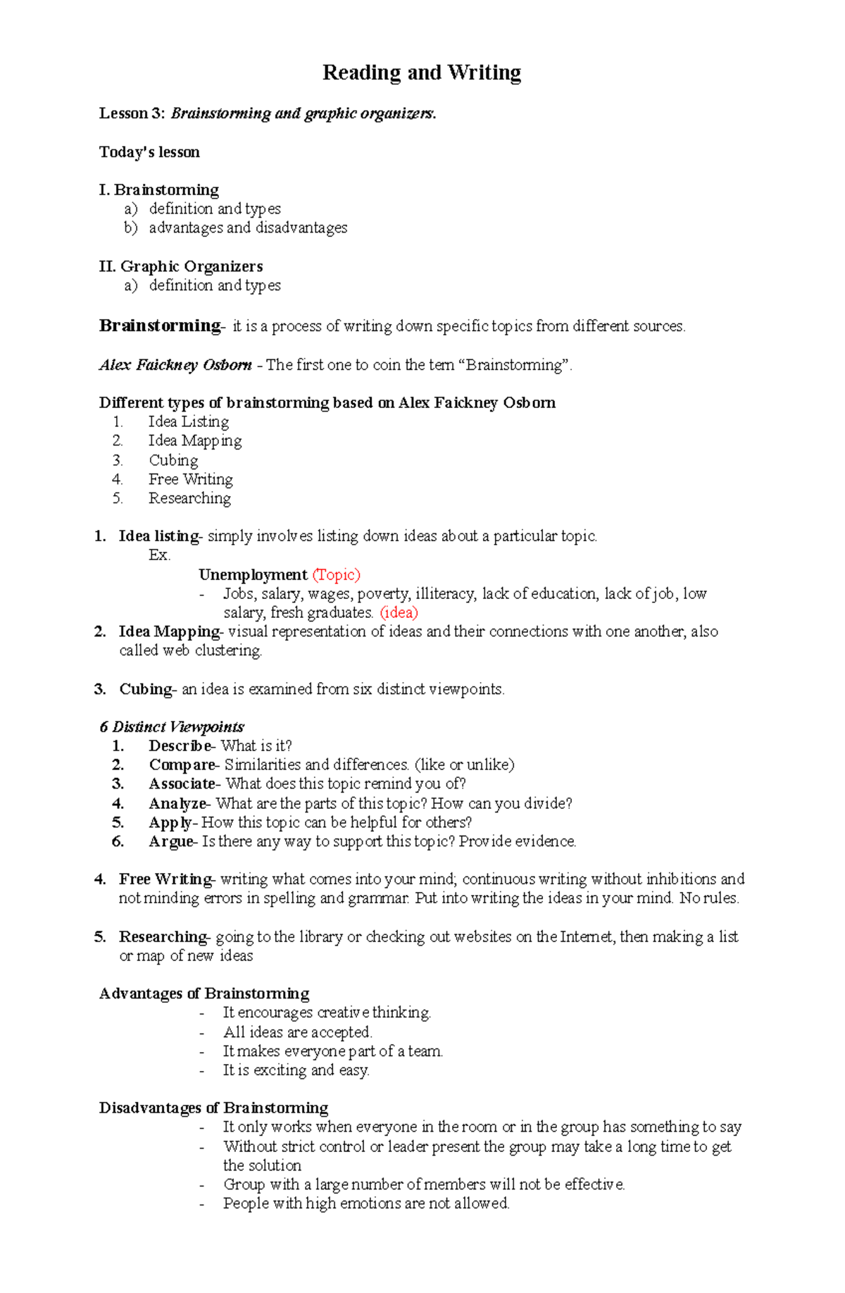 Reading and Writing- Lesson 3 - Today's lesson I. Brainstorming a ...