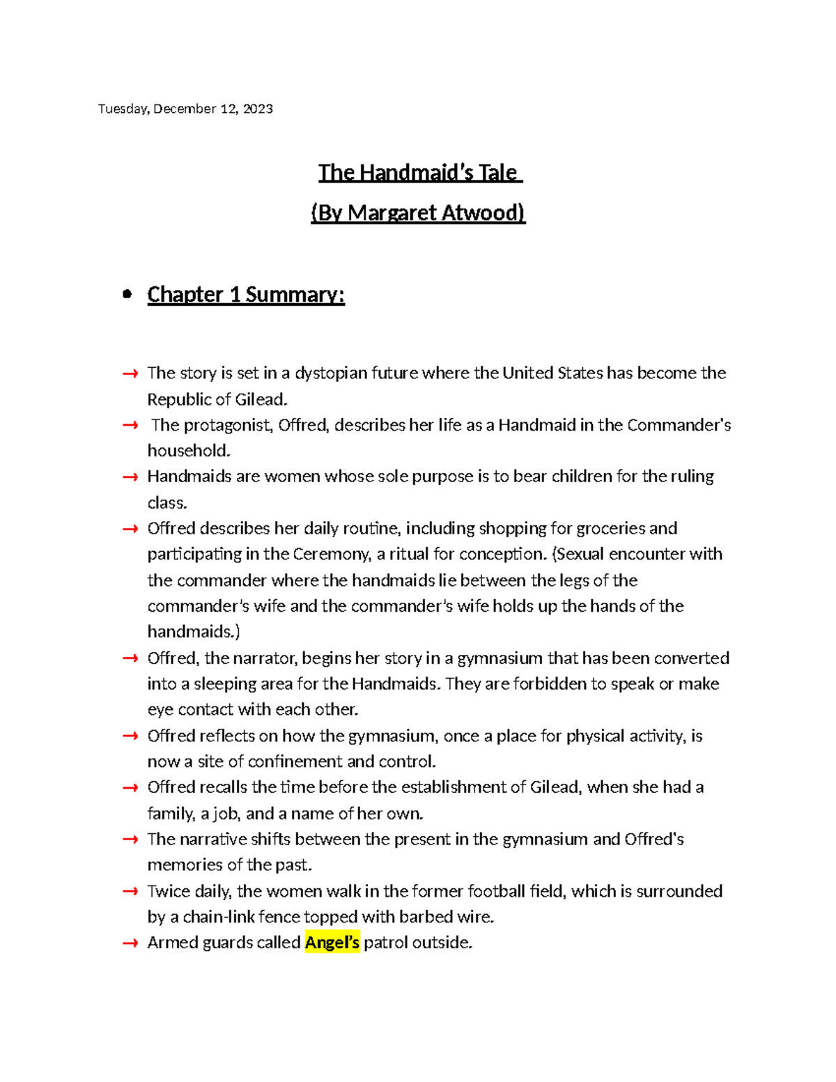 The Handmaid's Tale Notes - Tuesday, December 12, 2023 The Handmaid’s ...