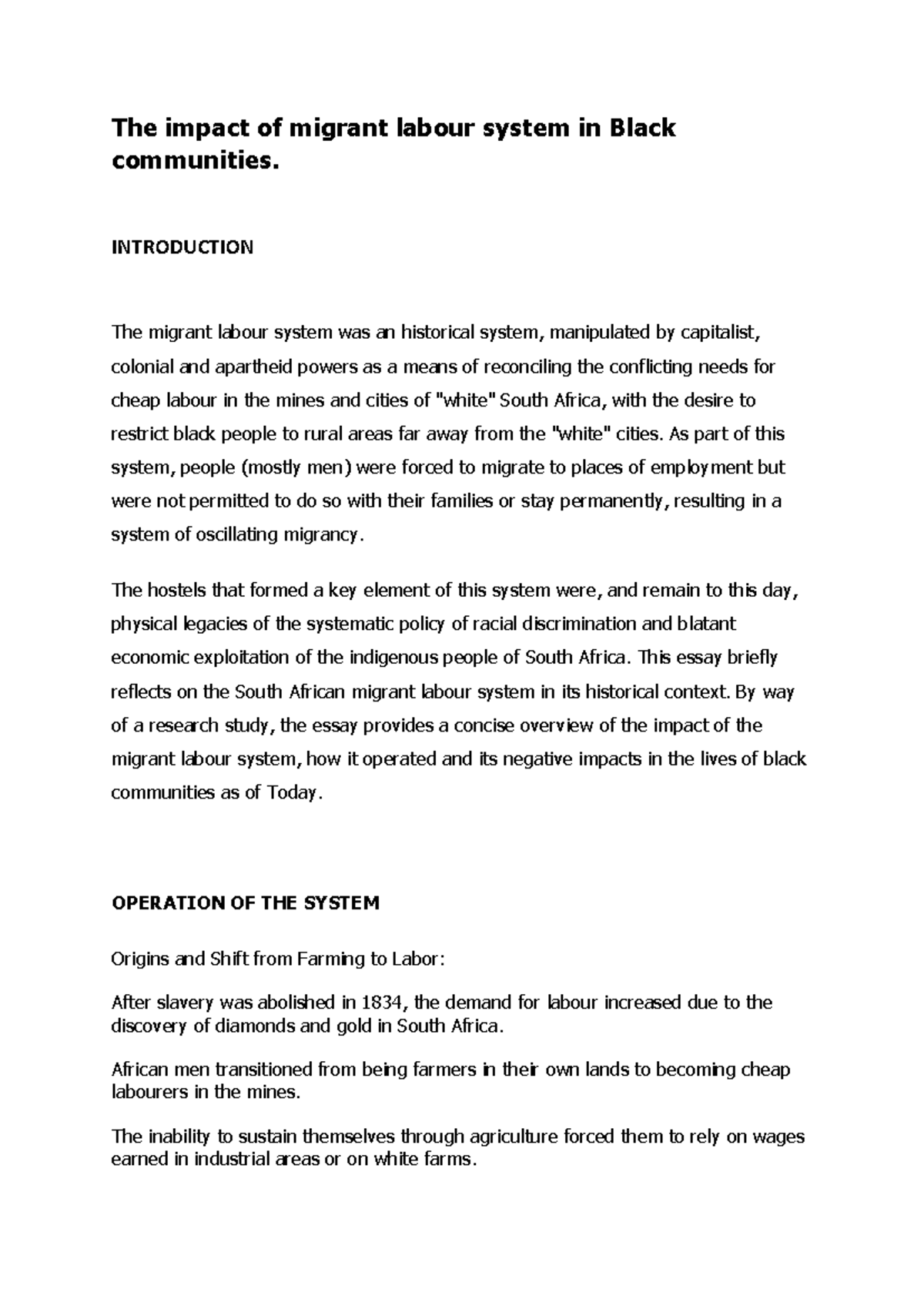 Ayavuya Tembani'S Assignment - The impact of migrant labour system in ...