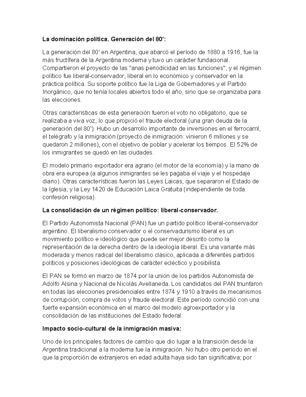 Unidad 8 - resumen - La dominación política. Generación del 80': La ...