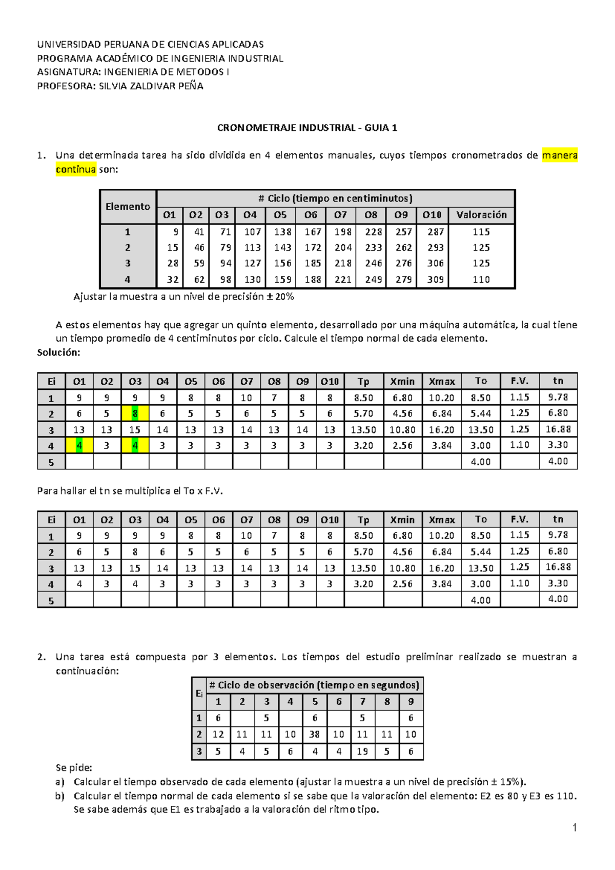 G7 - Ejercicios resueltos en clase - Toma de tiempos o Cronometraje Industrial - UNIVERSIDAD ...