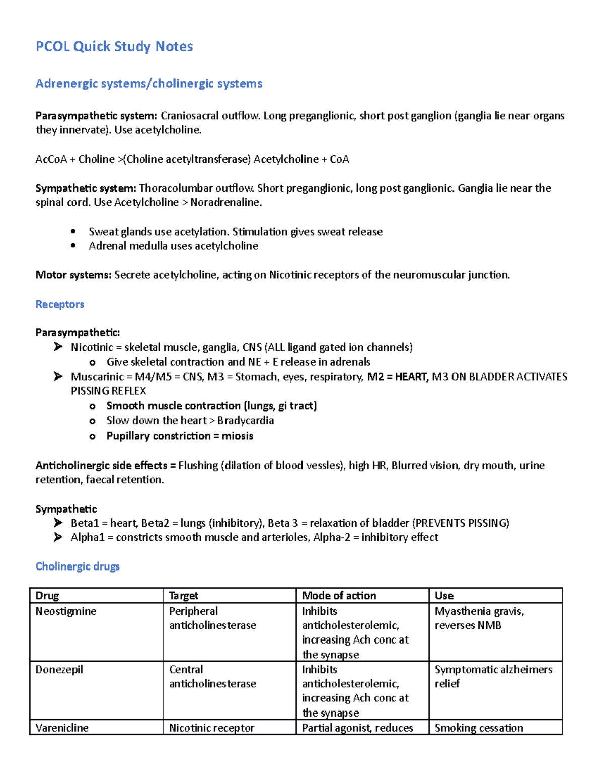 PCOL Quick Study Notes - PCOL Quick Study Notes Adrenergic systems ...