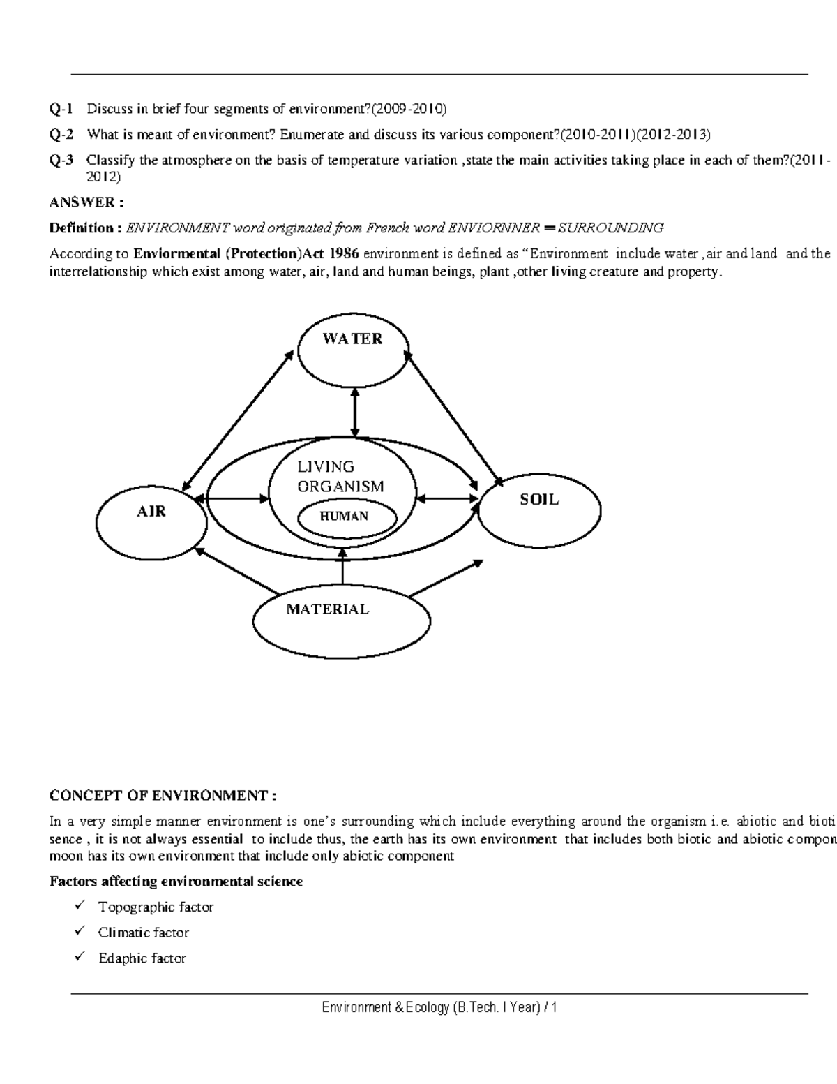 Evs - evs notes very crucial - Q-1 Discuss in brief four segments of ...