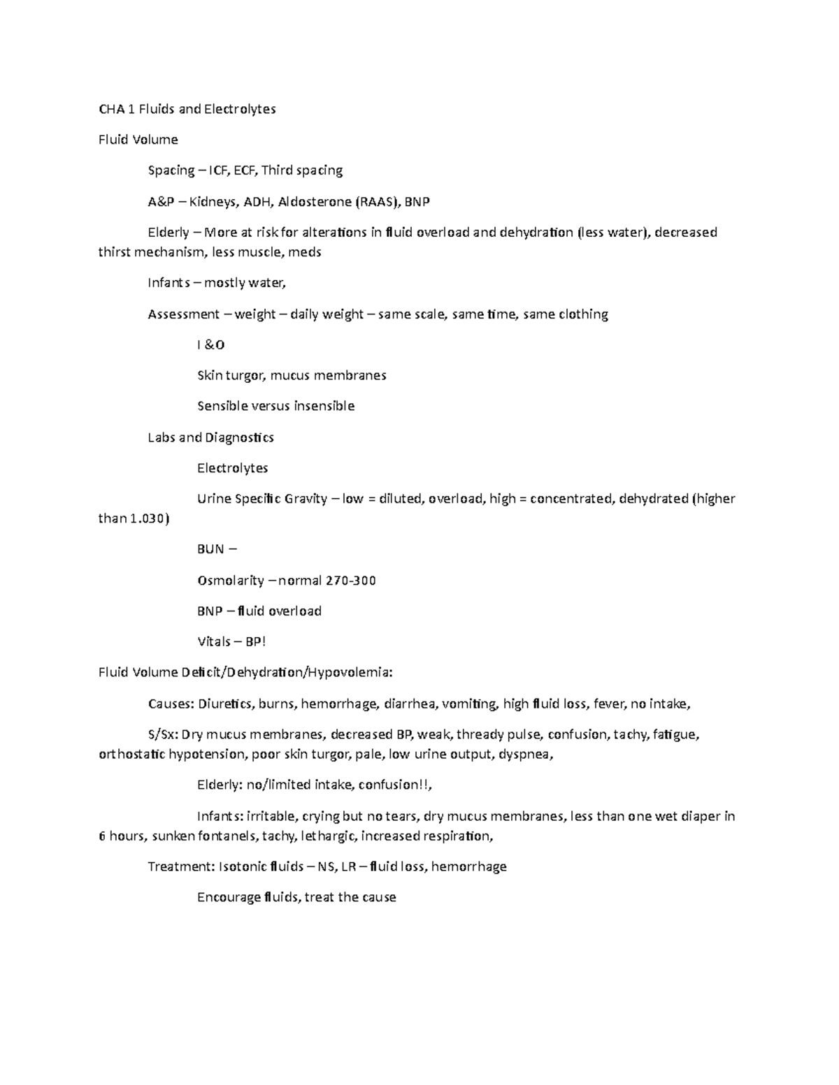 Fluid and Electrolytes study guide outline - CHA 1 Fluids and ...