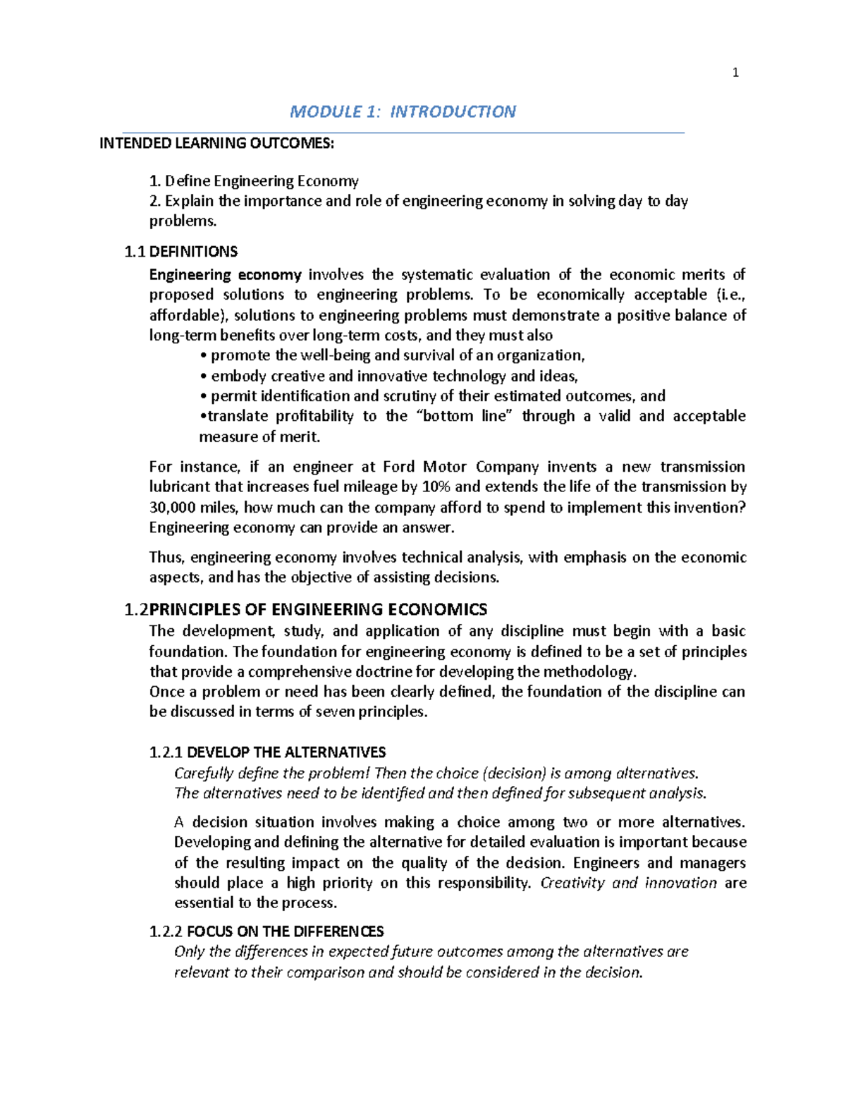 Module 1 - ... - MODULE 1: INTRODUCTION INTENDED LEARNING OUTCOMES: Define Engineering Economy ...