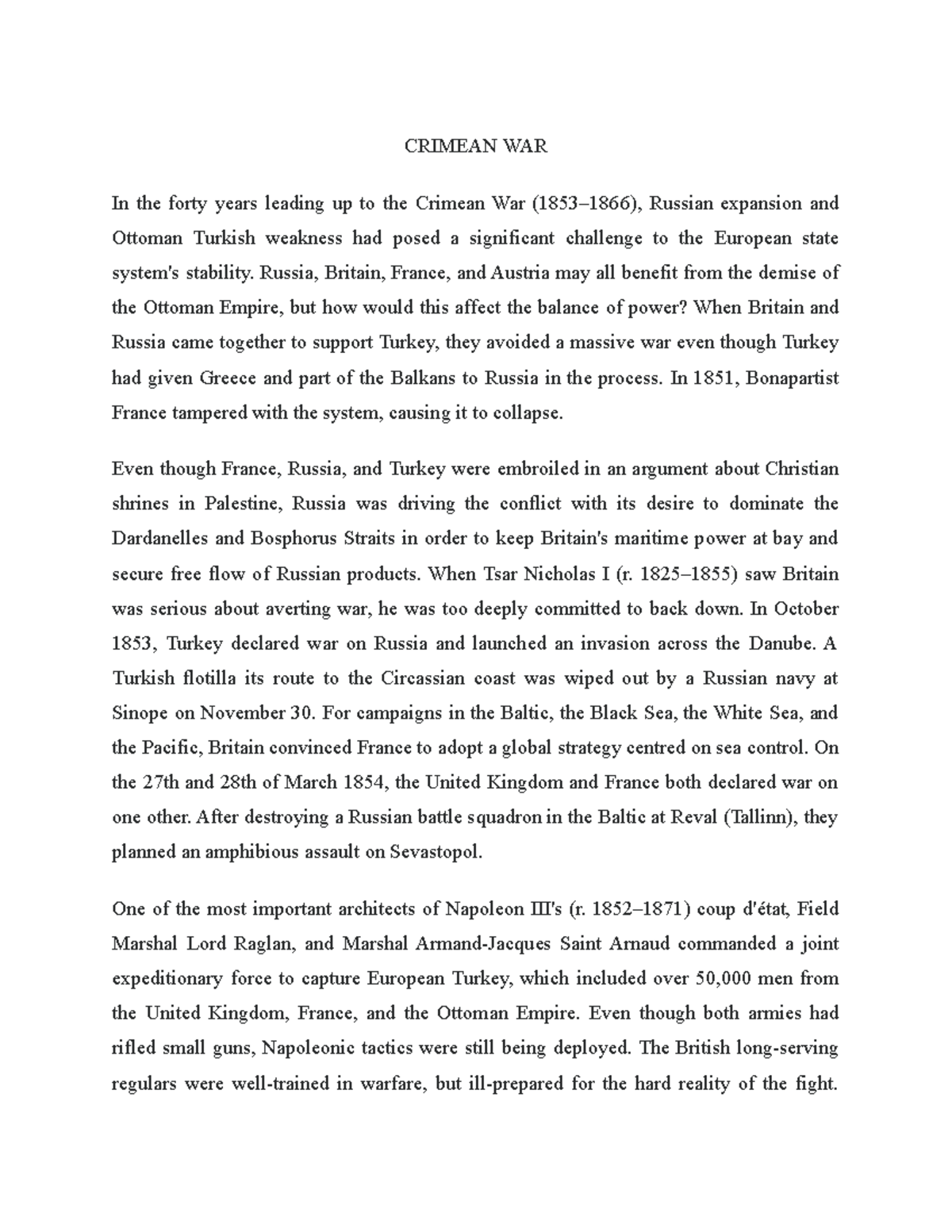 Crimean WAR - Lecture notes 1 - CRIMEAN WAR In the forty years leading ...