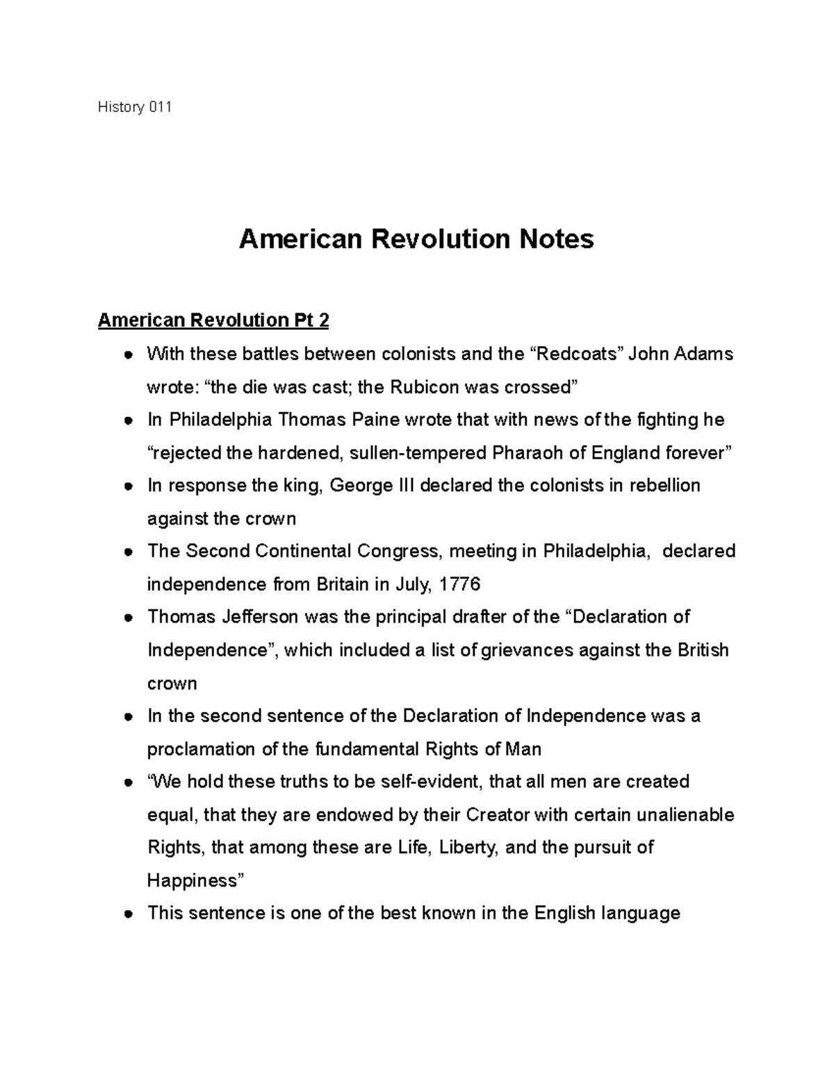 American Reveloution Notes Pt 2 - History 011 American Revolution Notes ...