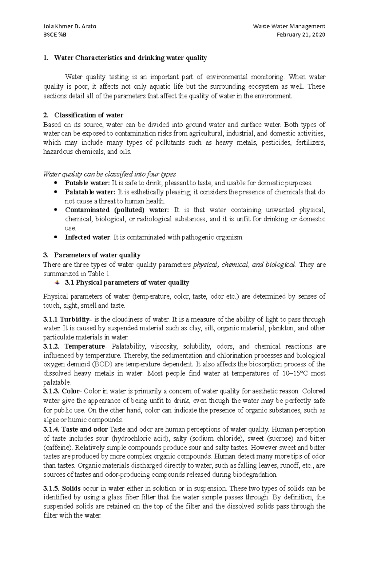 Handout water - BSCE %B February 21, 2020 Water Characteristics and ...