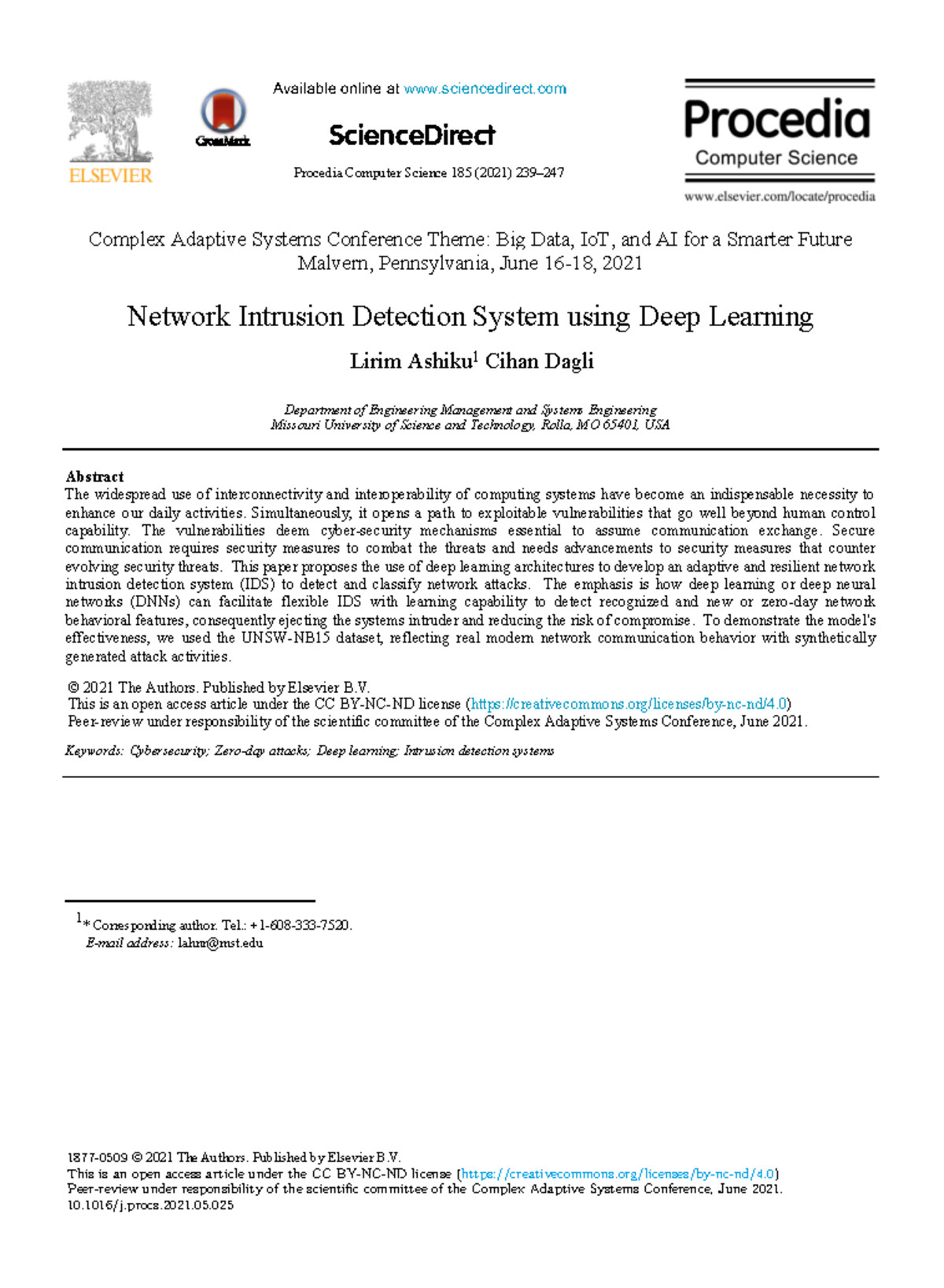 Network Intrusion Detection System using Deep Learning - 1-s2 ...