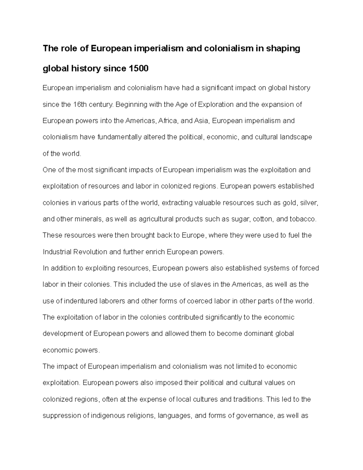 Global History Since 1500, Early Imperialism and More - The role of ...