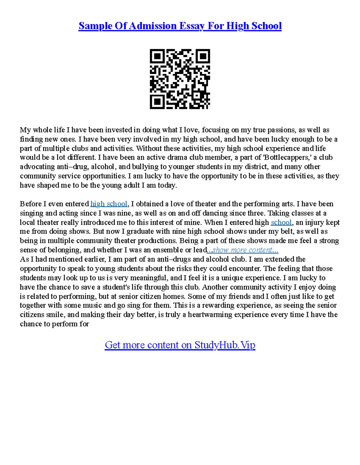 Essay Format Examples - Sample Of Admission Essay For High School My ...