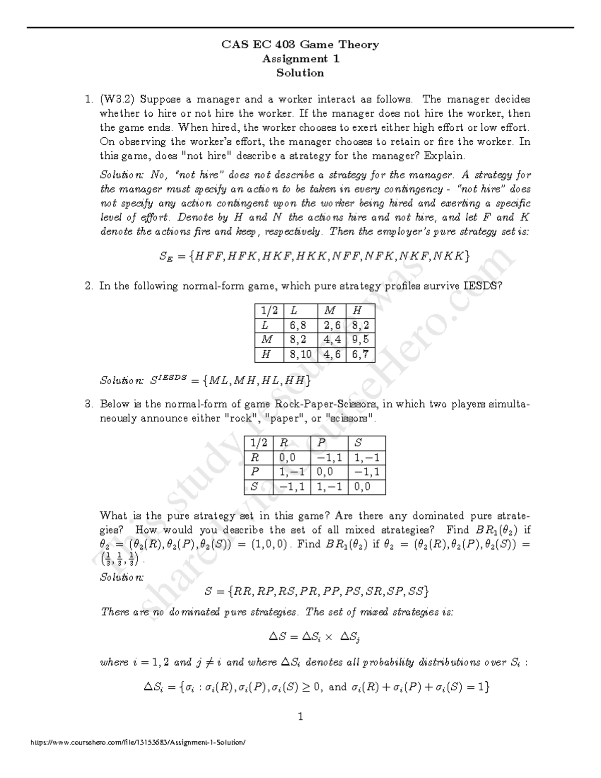 Assignment 1 Solution - CAS EC 403 Game Theory Assignment 1 Solution ...