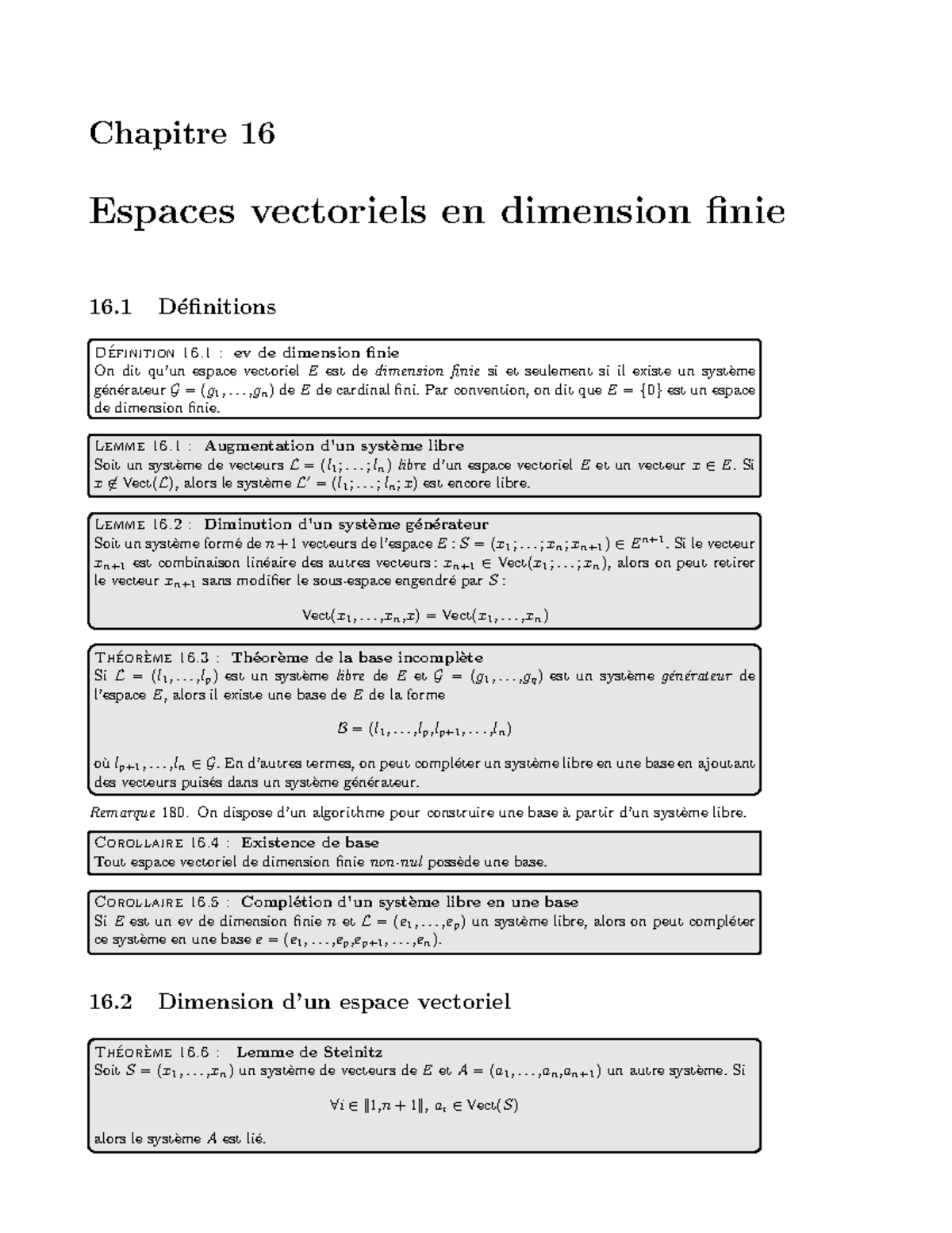 Espaces vectoriels dimension finie - Chapitre 16 Espaces vectoriels en ...