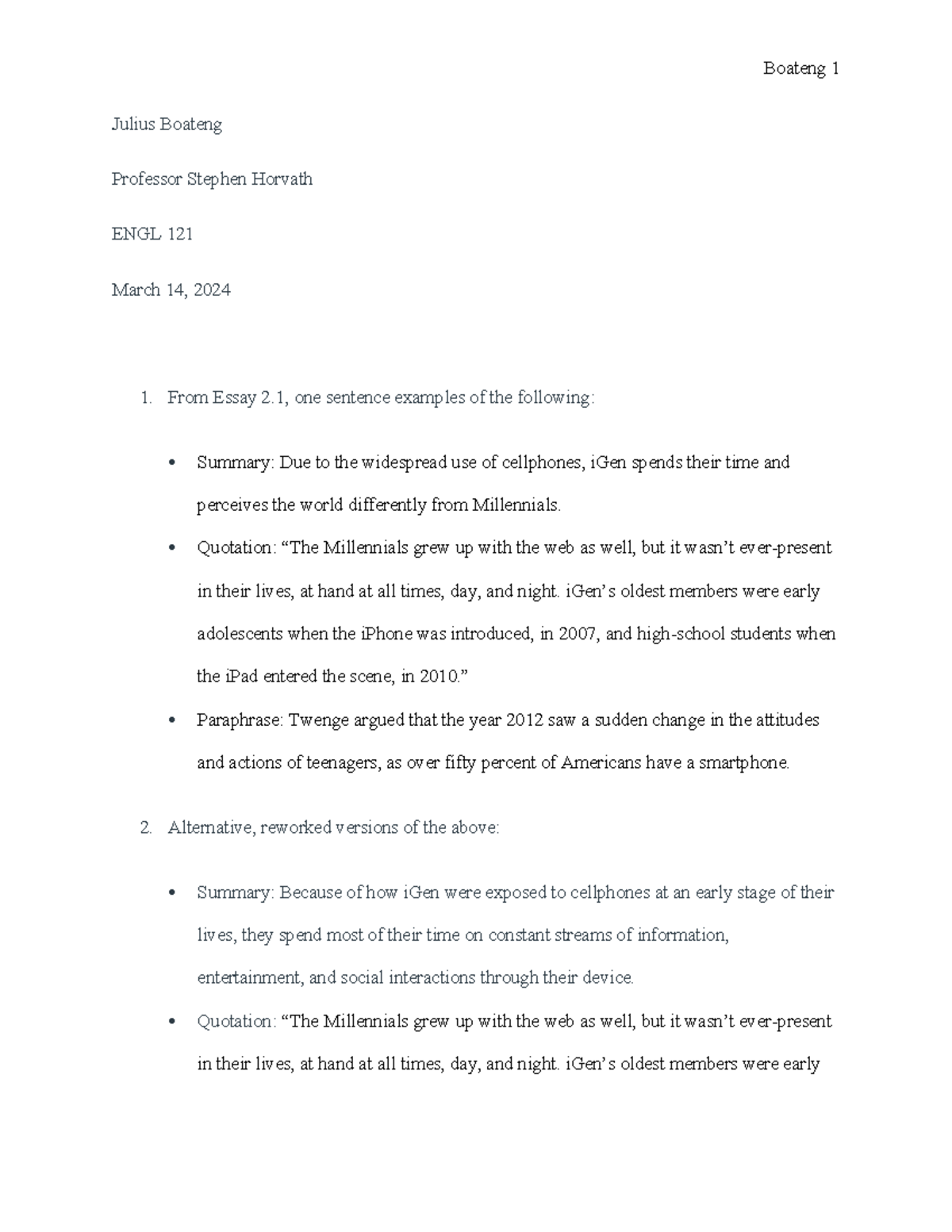 2 - yes - Julius Boateng Professor Stephen Horvath ENGL 121 March 14 ...