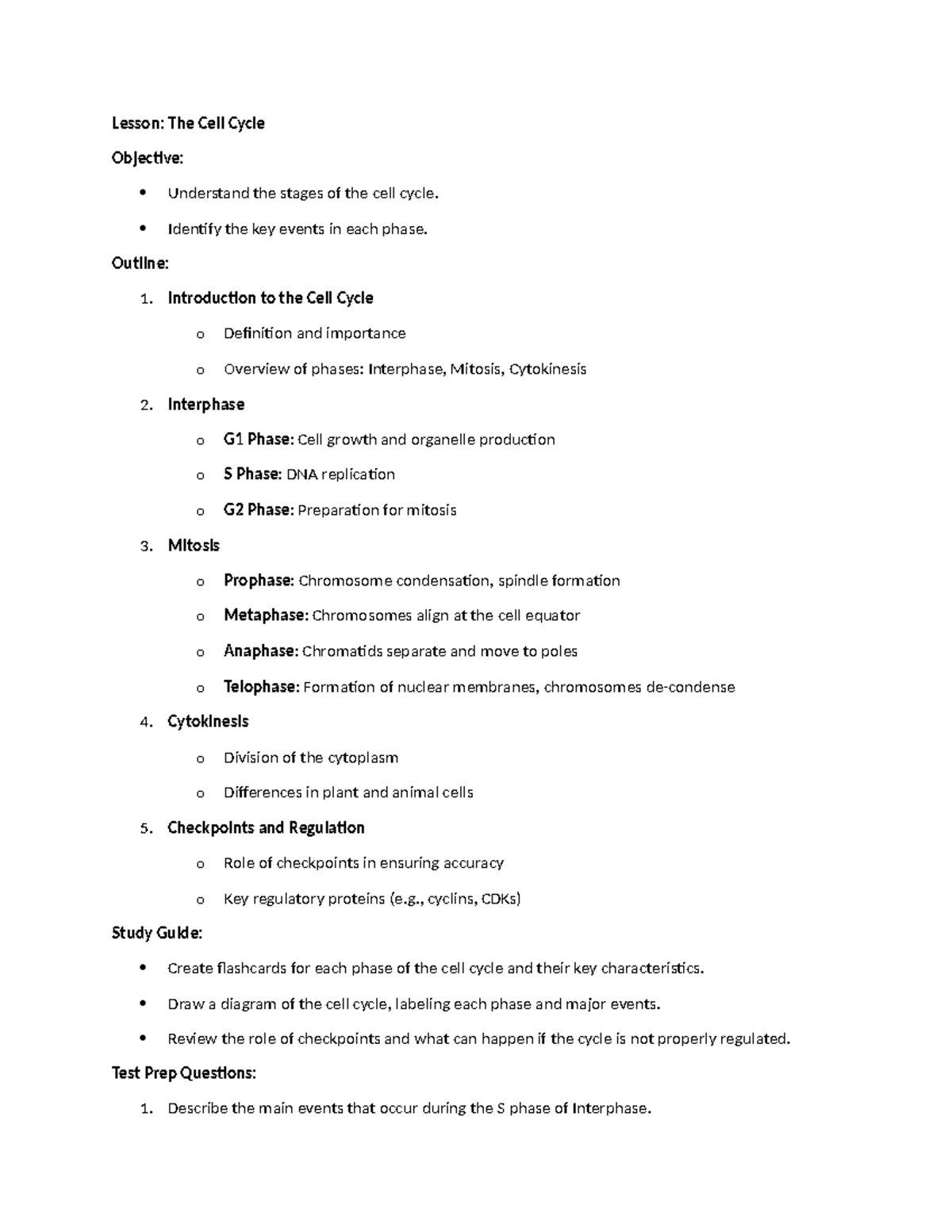 Lessonbionote - about biology - Lesson: The Cell Cycle Objective ...