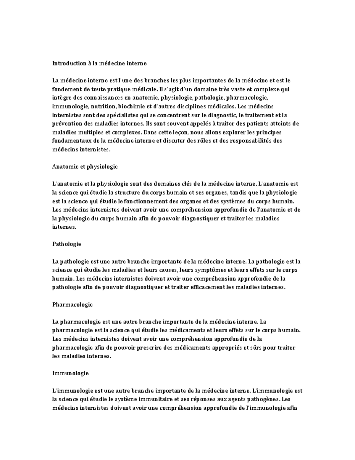 Médecine interne Notes de cours - Introduction à la médecine interne La ...