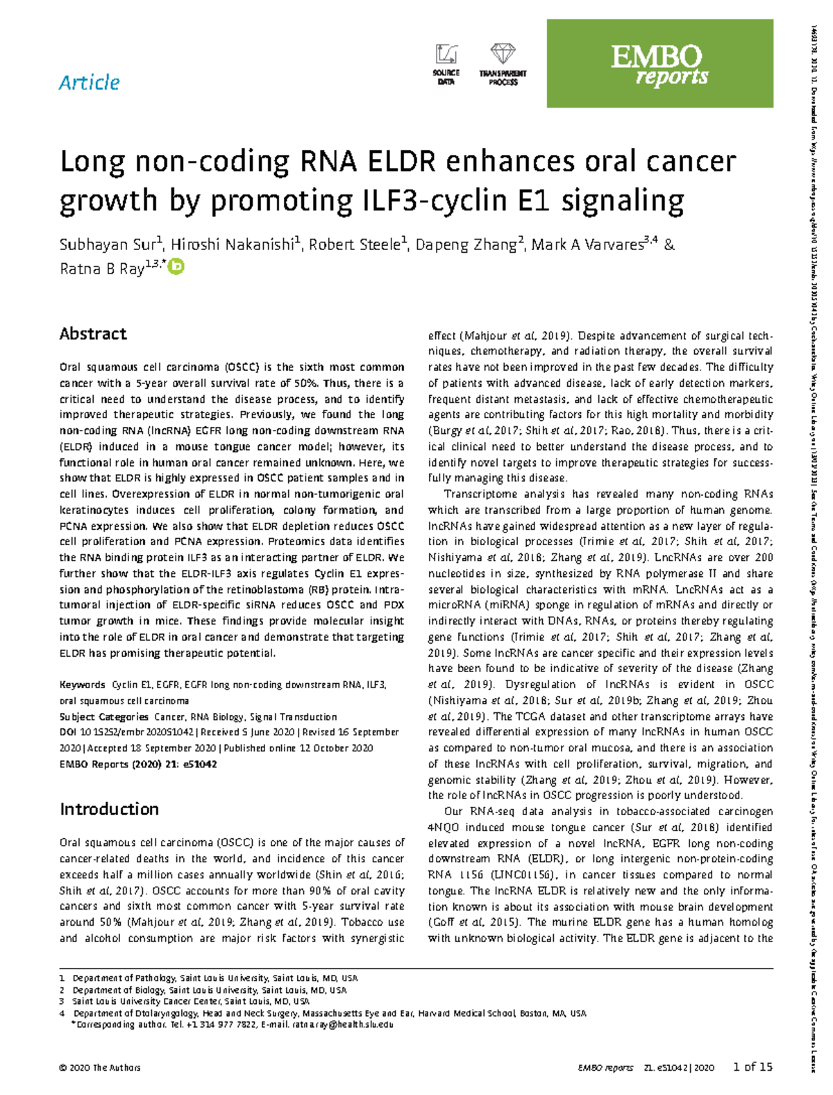 EMBO Reports (2020) - Article Long non-coding RNA ELDR enhances oral ...