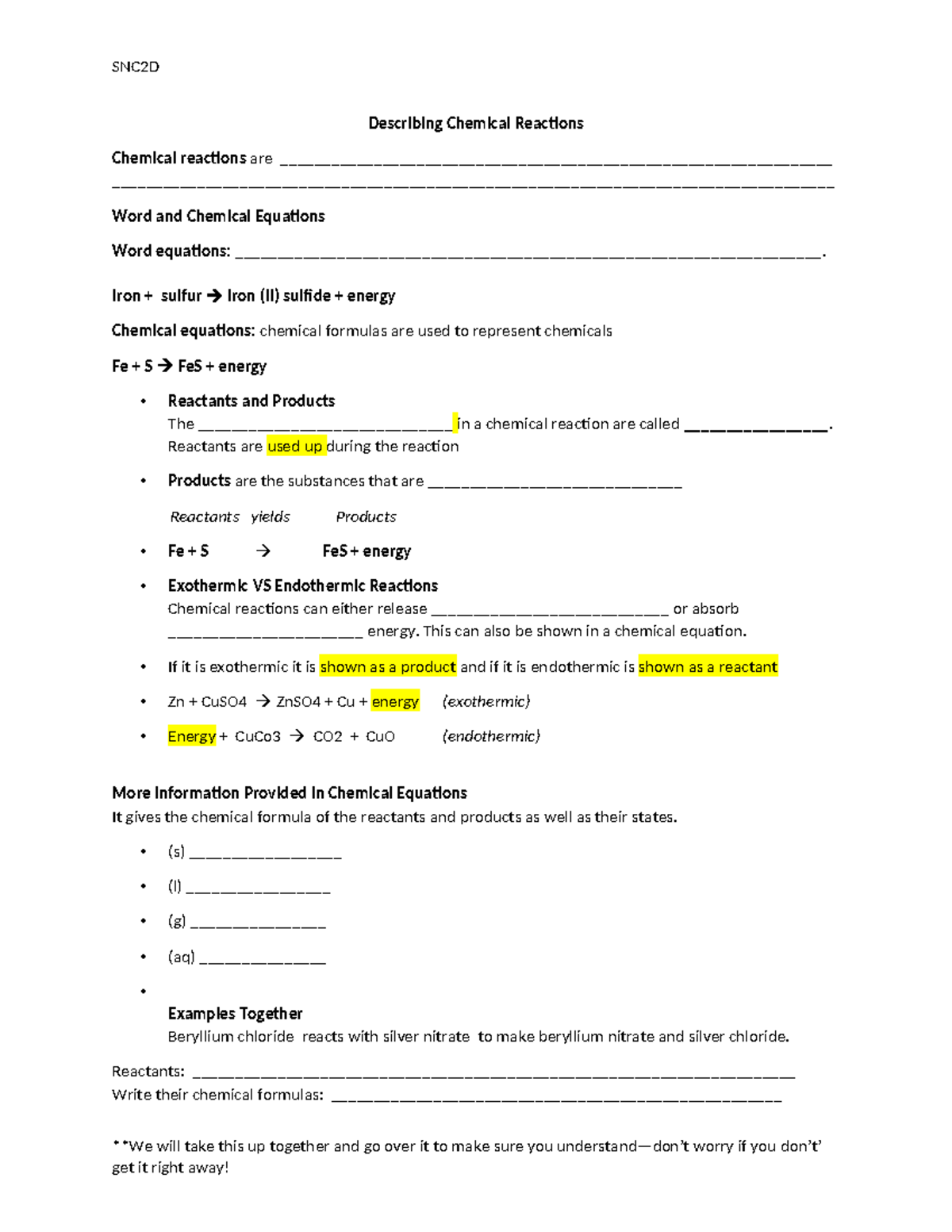 Describing Chemical Reactions - SNC2D Describing Chemical Reactions ...