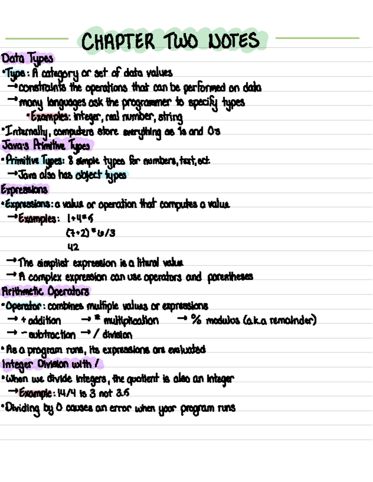 Cosc 236 Professor Blackwell Lecture 2 Notes Loops Chapter Two Notes Data Types · Type A