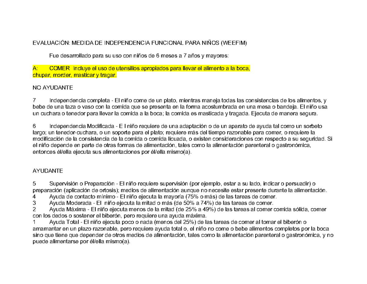 Weefim Manual - EVALUACIÓN: MEDIDA DE INDEPENDENCIA FUNCIONAL PARA ...