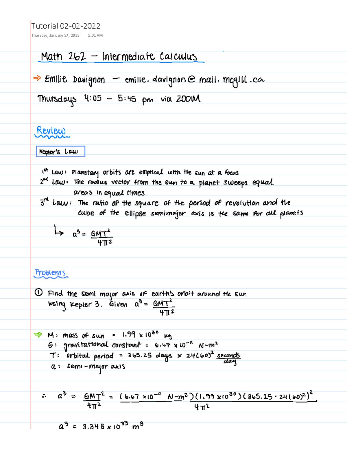 MATH 262 Kepler's law for intermediate calculus - MATH 262 - McGill ...