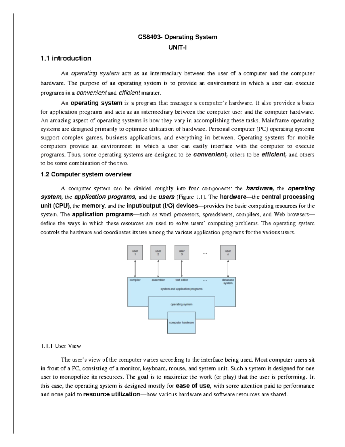 Unit - I - CS8493- Operating System UNIT-I 1 introduction An operating system acts as an - Studocu