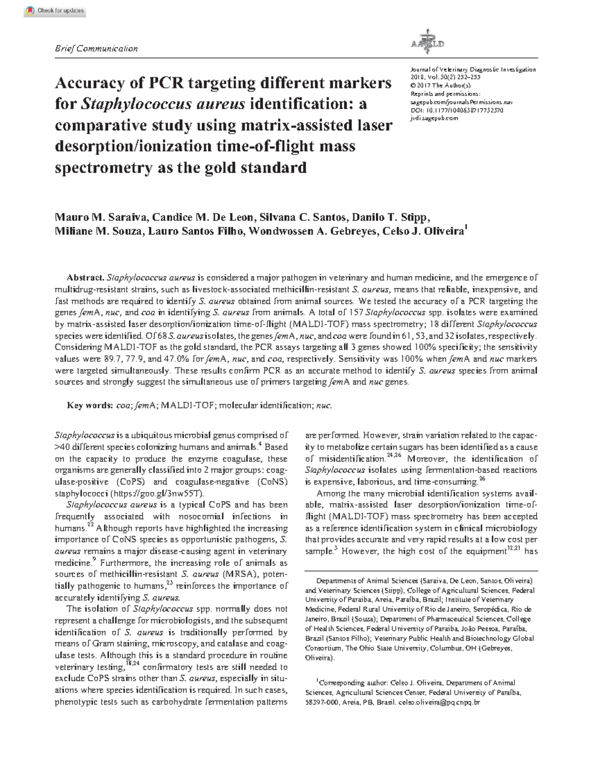 Accuracy of PCR targeting different markers - doi/10.1177/ Journal of ...