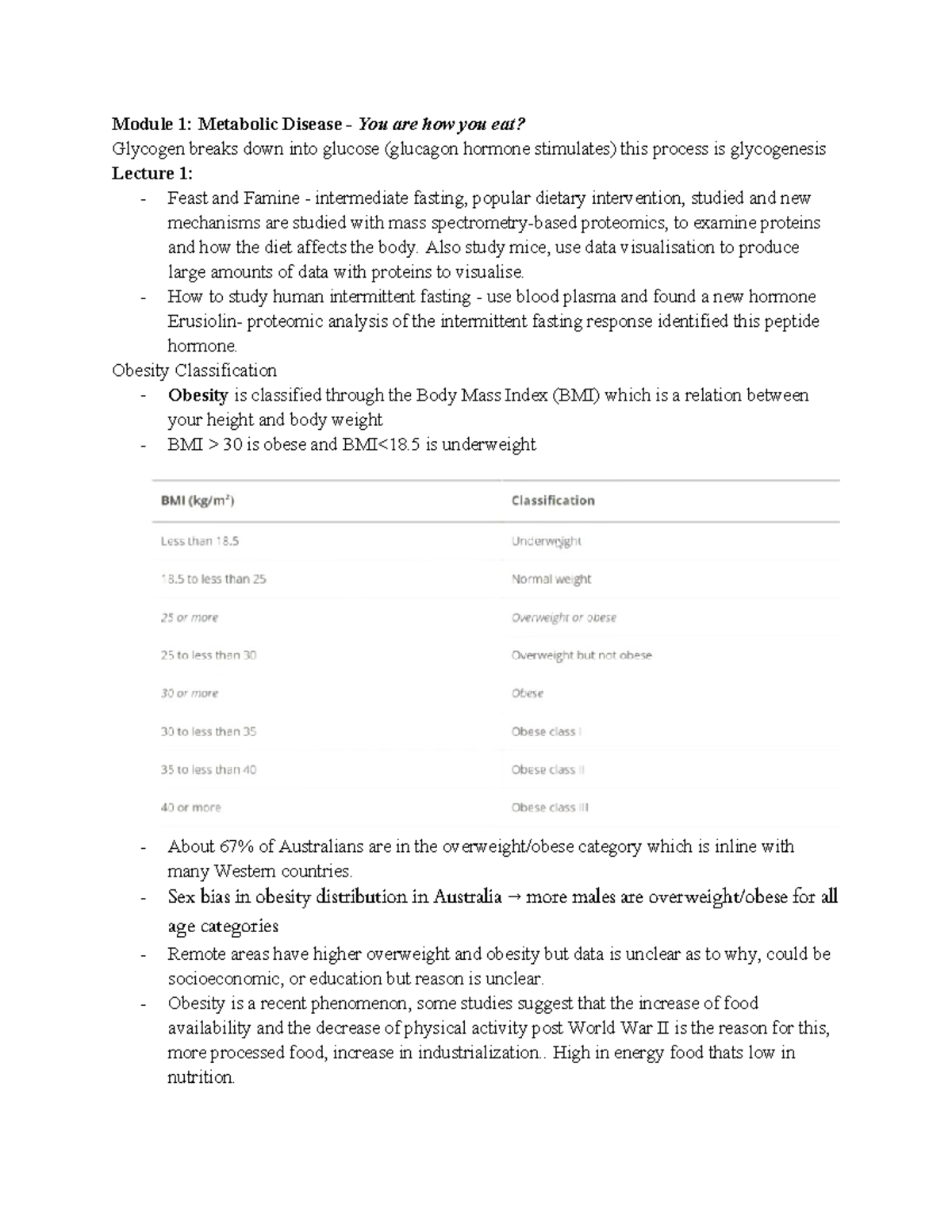 MEDS3001 Lecture Notes Module 2 - Module 1: Metabolic Disease - You are ...