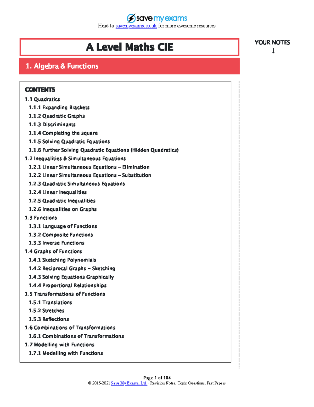 1. Algebra and functions - Page 1 of 104 A Level Maths CIE 1. Algebra ...