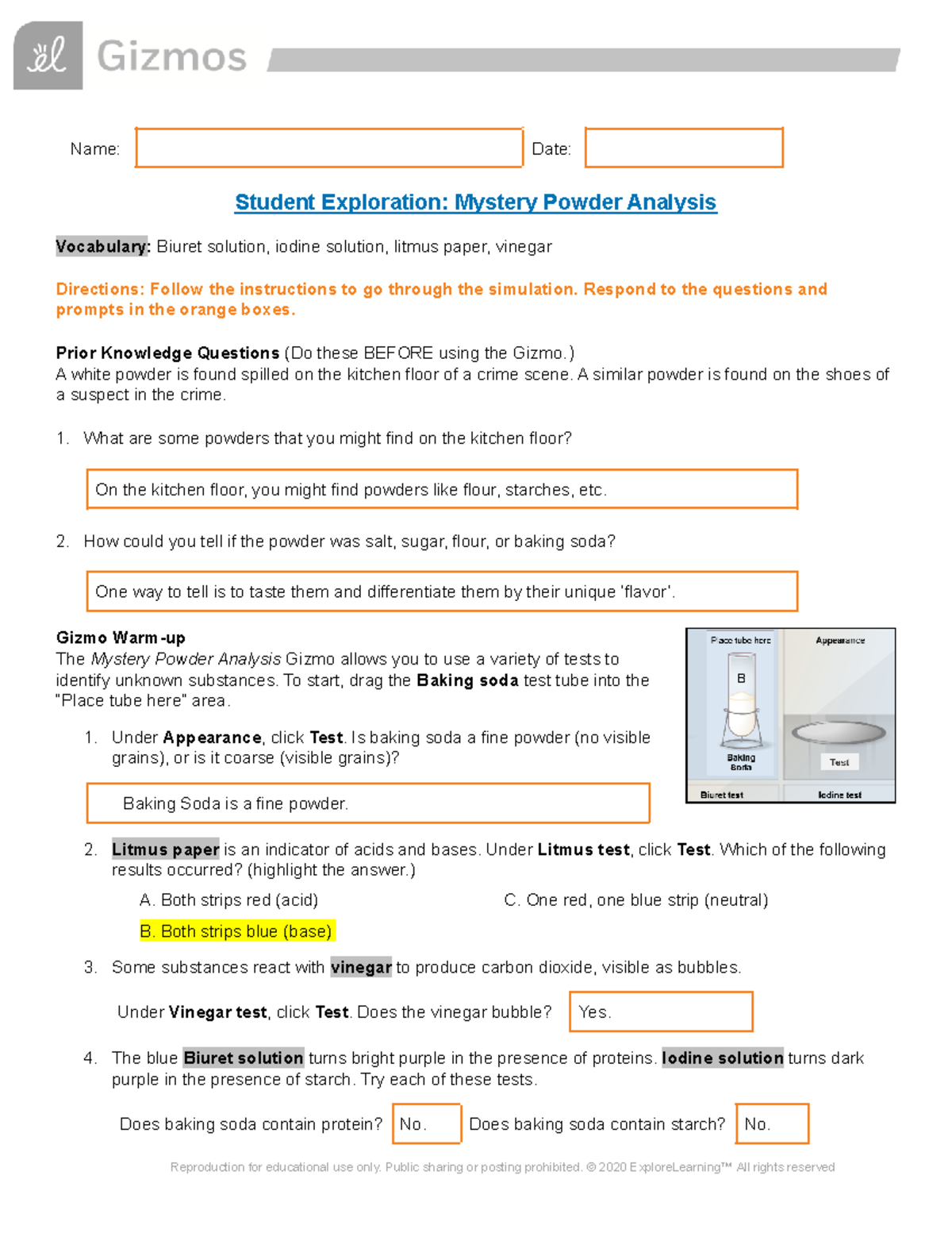 Mystery Powder SE Gizmos Name Date Student Exploration Mystery