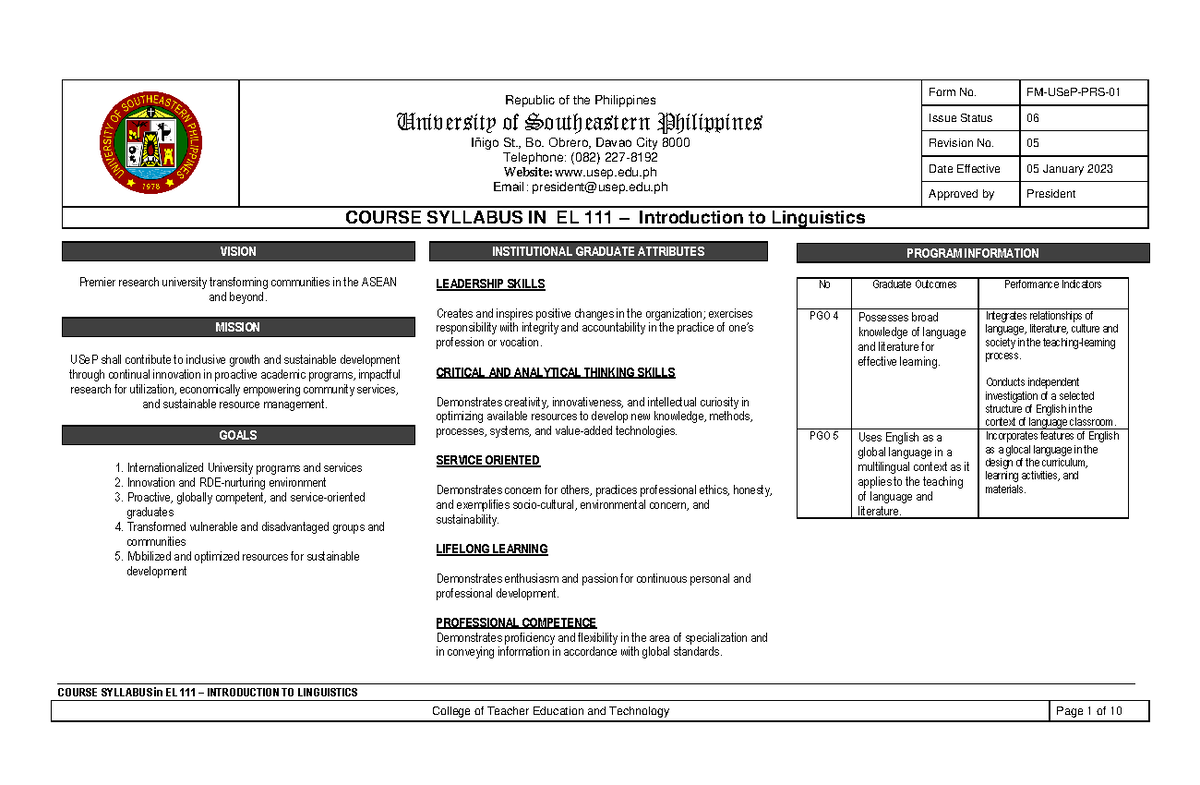 El111 - EL 111 - COURSE SYLLABUS in EL 111 – INTRODUCTION TO LINGUISTICS VISION Premier research ...