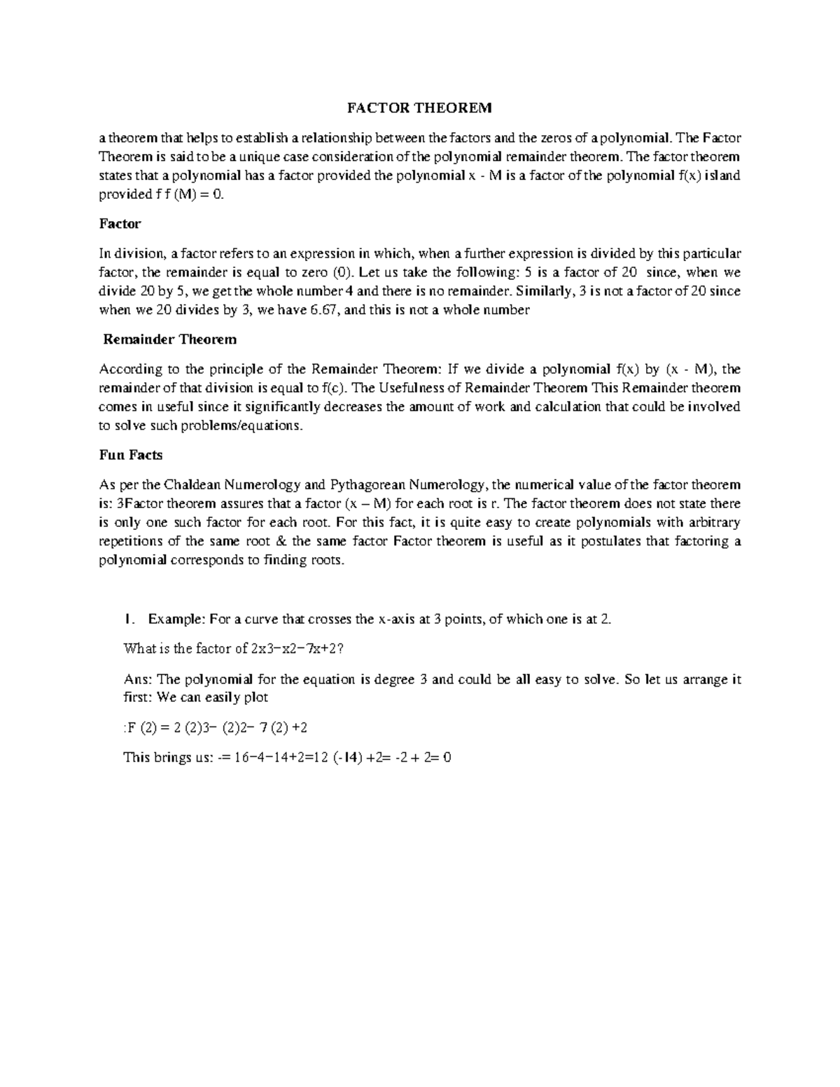 S3 - lecture notes on factor theorem - FACTOR THEOREM a theorem that ...