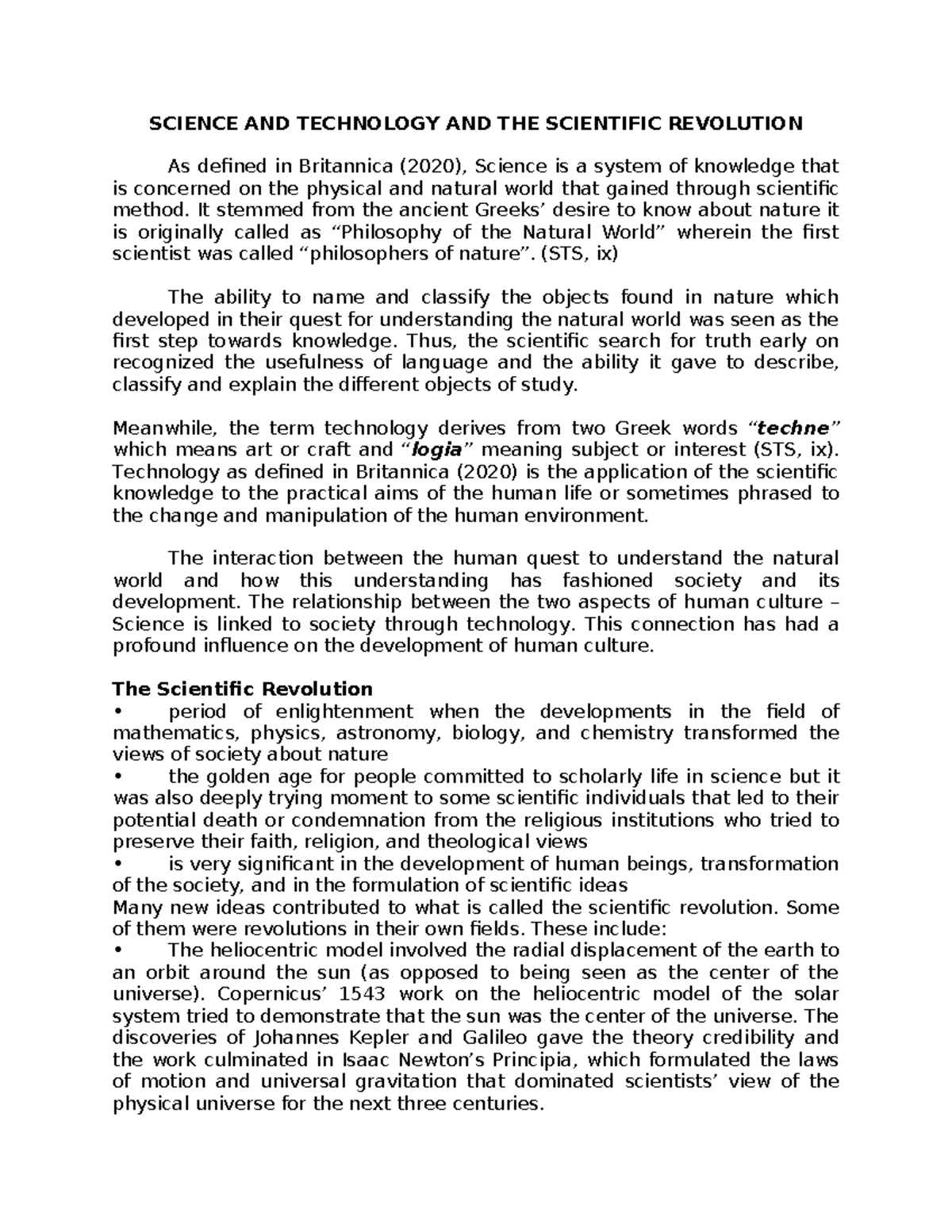 STS- Topic 1 Module - This can help you! Good luck - SCIENCE AND ...