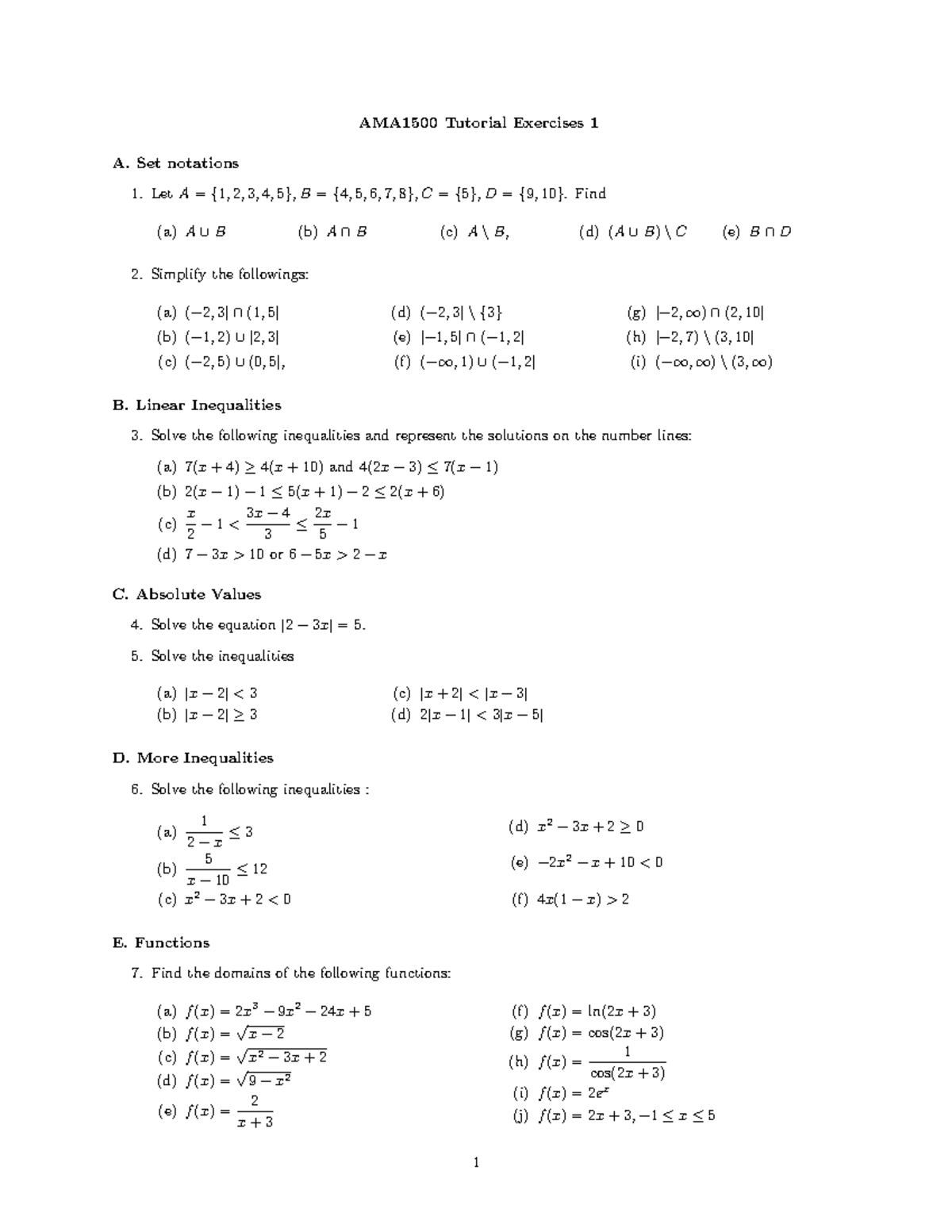 Ama1500 T1 AMA1500 Tutorial Exercises 1 A Set Notations 1 LetA 1