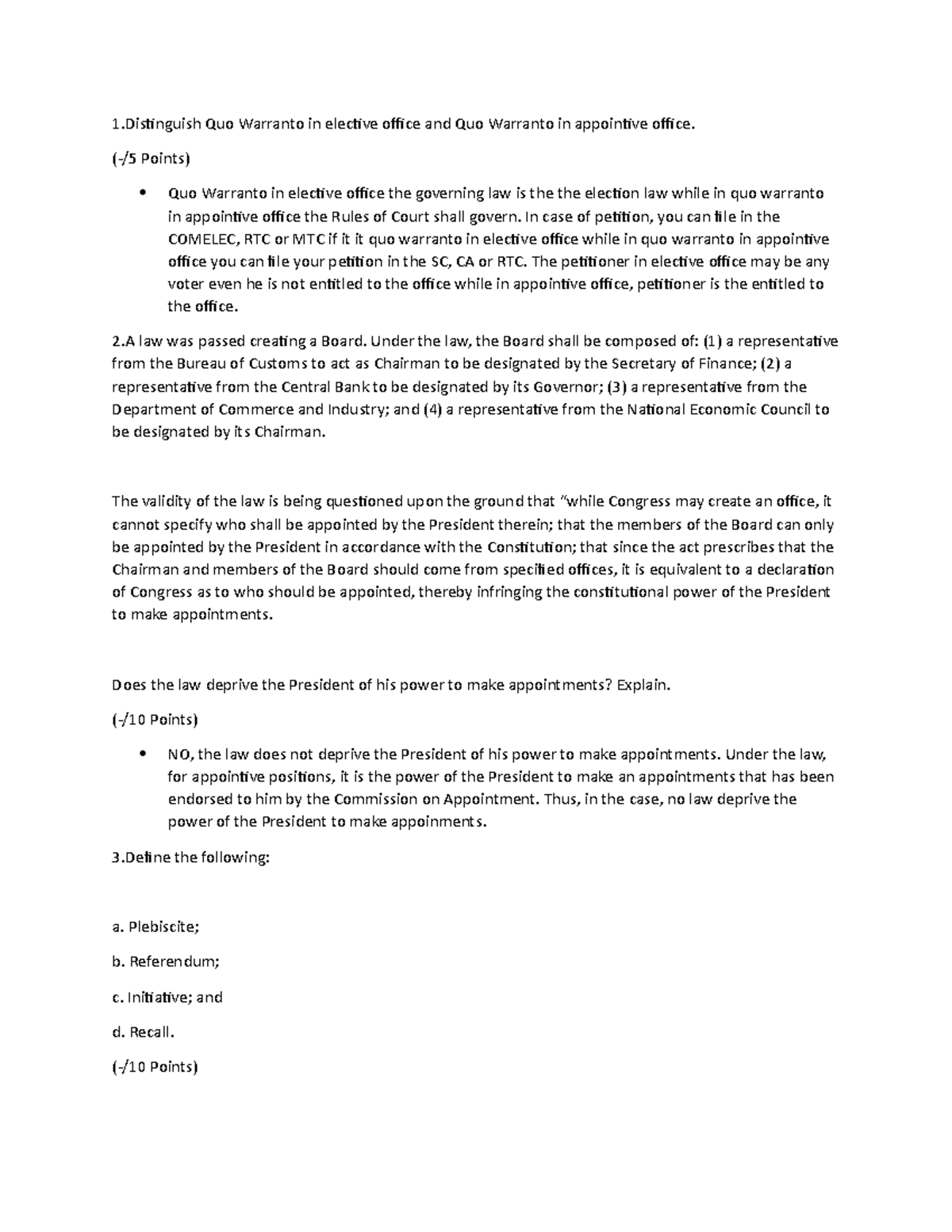 Admin law finals - juris doctor - 1 Quo Warranto in elective office and ...