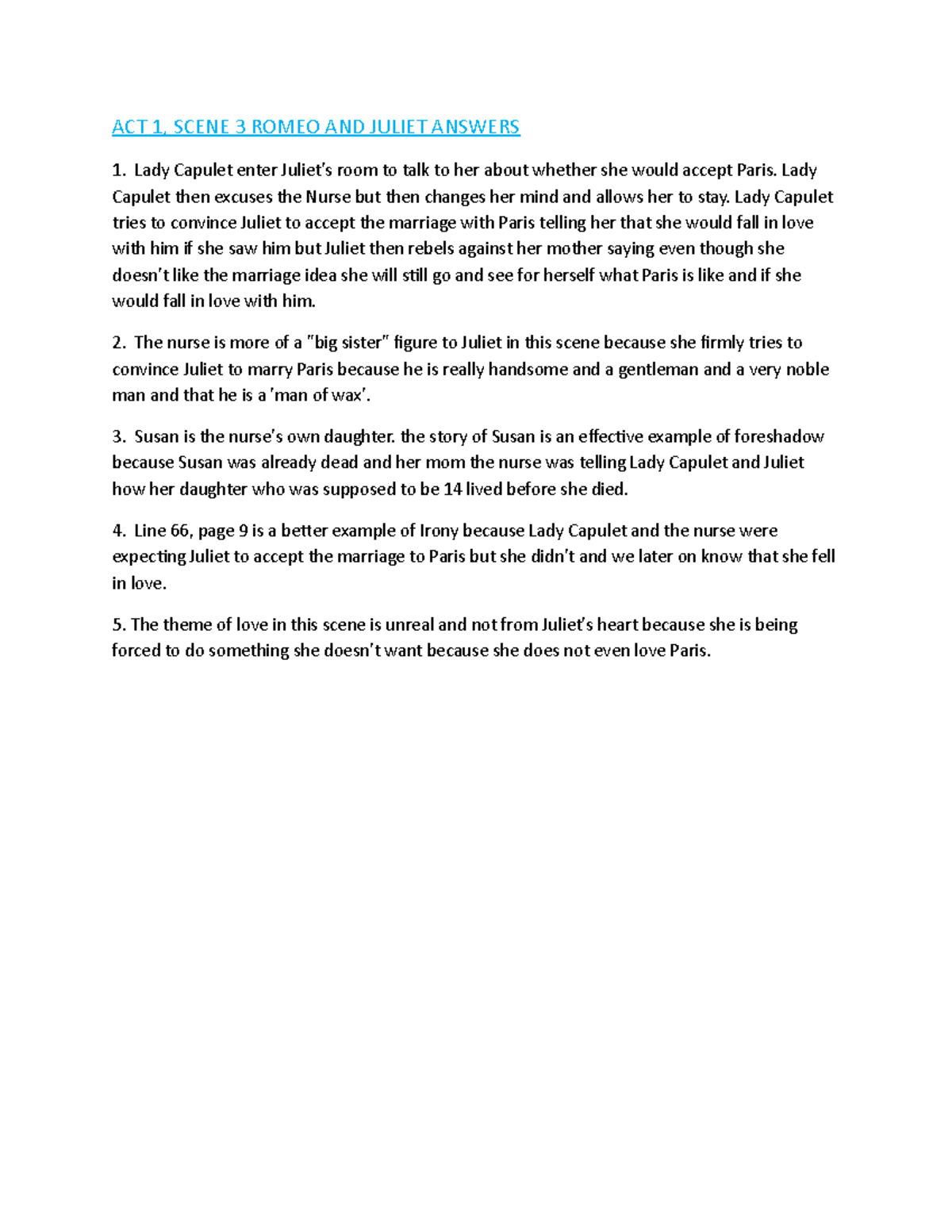 ACT 1 scene 3 answers - notes - ACT 1, SCENE 3 ROMEO AND JULIET ANSWERS ...