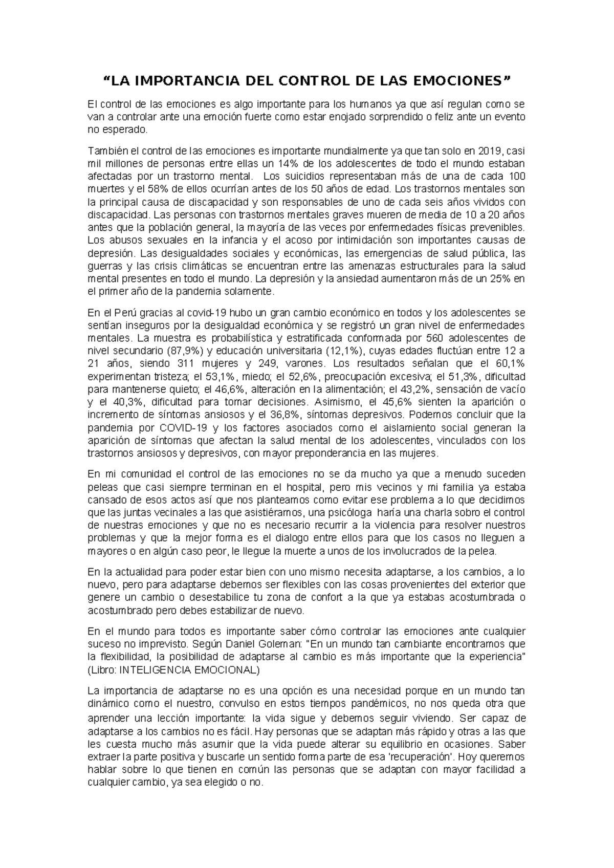 LA Importancia DEL Control DE LAS Emociones - “LA IMPORTANCIA DEL ...