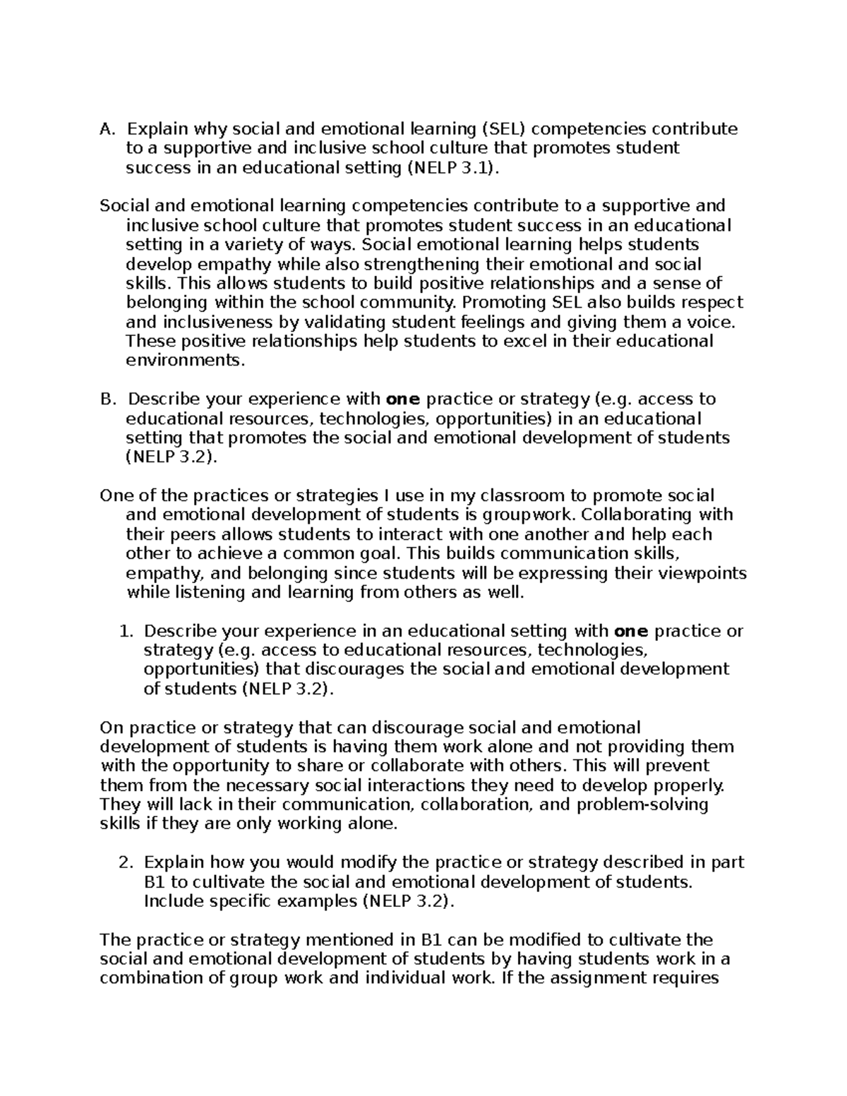 Assessment 2 - Task 2 - A. Explain why social and emotional learning ...