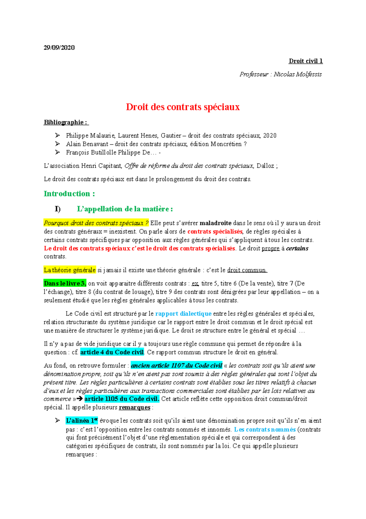 Droit des contrats spéciaux S1 - cours - 29/09/ Droit civil 1 ...