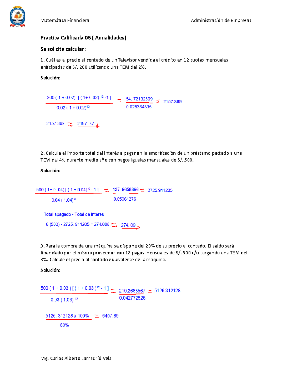 Practica Calificada 05 - Matemática Financiera Administración de ...