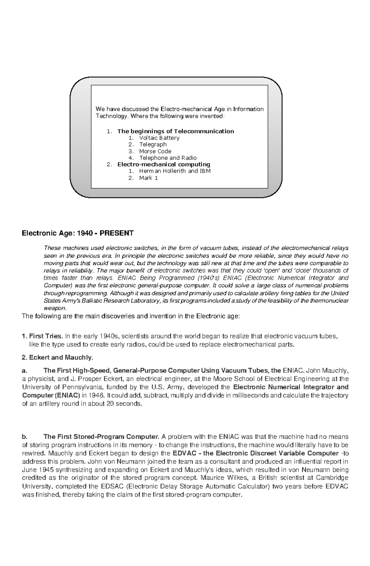 Living IN IT ERA - Lesson 6 - Electronic Age: 1940 - PRESENT These ...