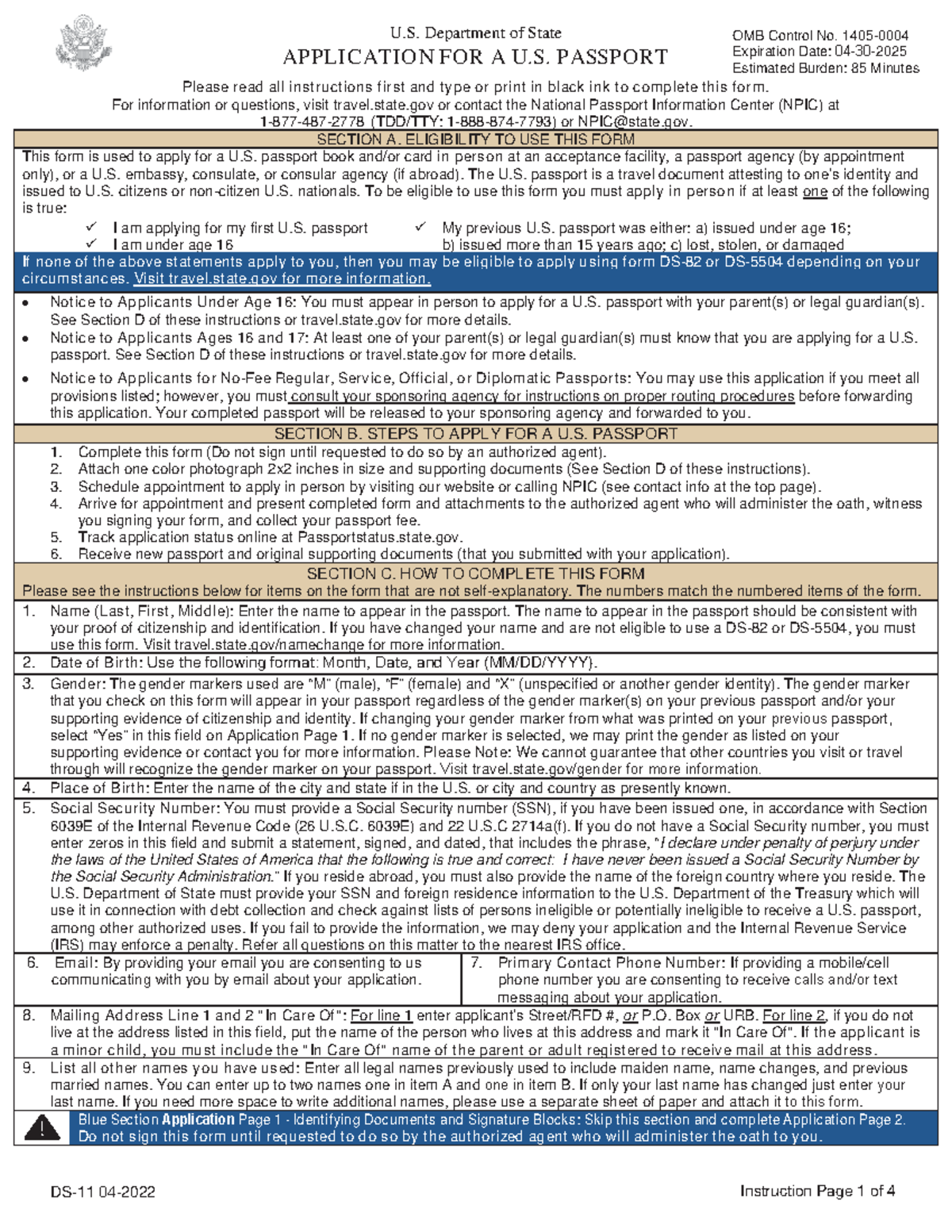 DS11 Complete - easy fill in document - APPLICATION FOR A U. PASSPORT ...